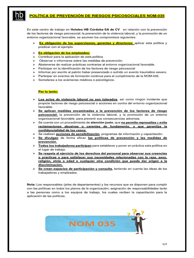 Política de Prevención Psicosocial NOM-035 | PDF | Violencia