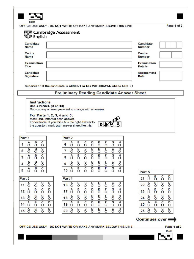 B1 Prelim Answersheet R & W | PDF
