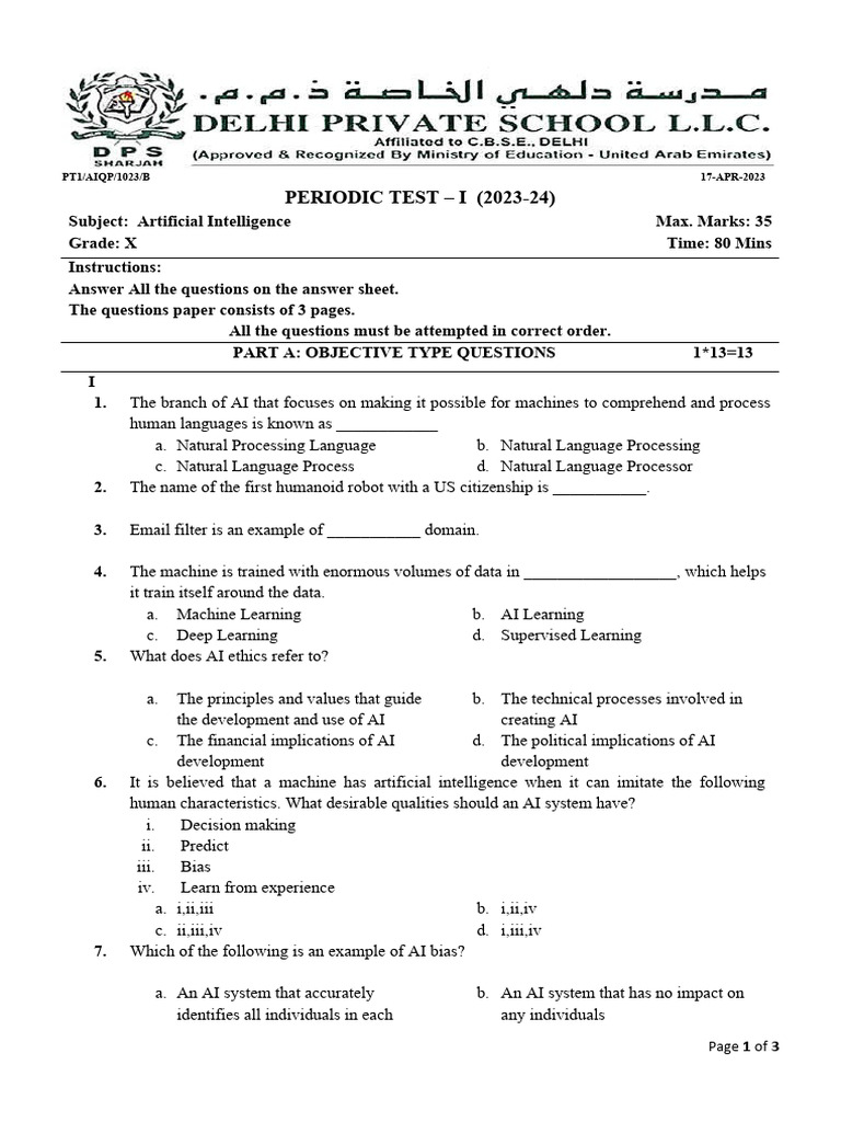 Grade10 PT1 AI 417 QP SET2 70571 | PDF | Artificial Intelligence | Intelligence (AI) & Semantics