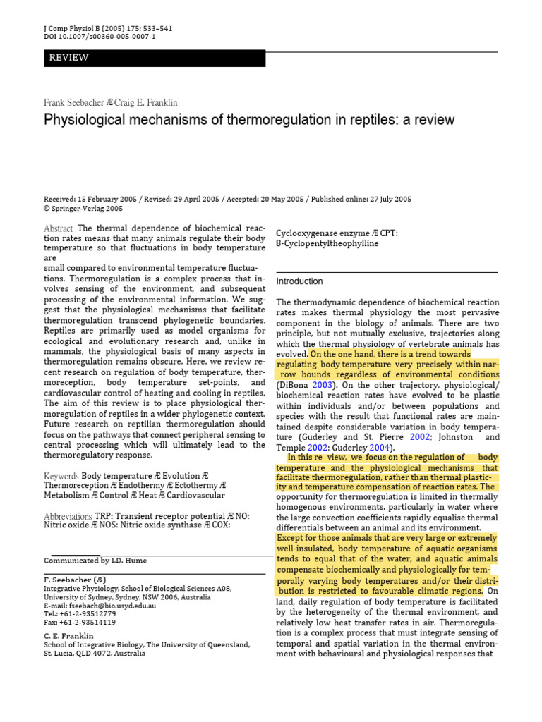 Physiological Mechanisms of Thermoregulation in Reptiles | PDF ...