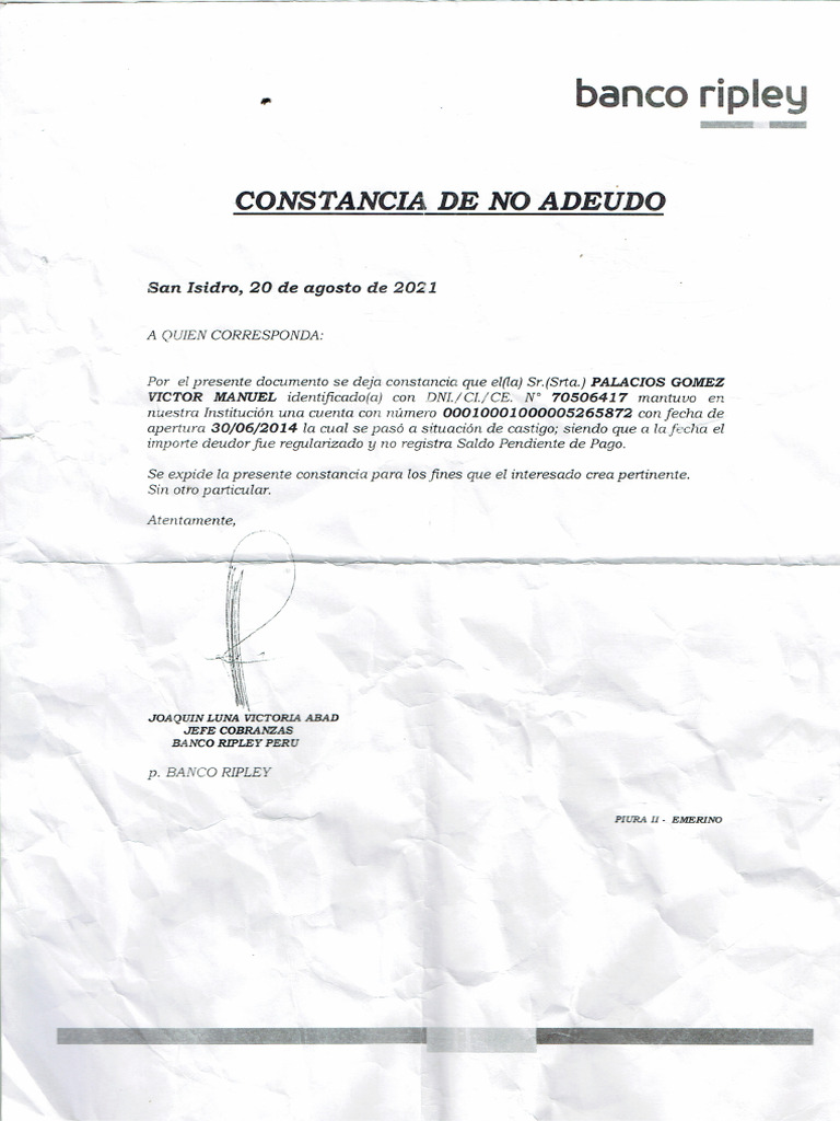 Carta de No Deudo - Ripley | PDF