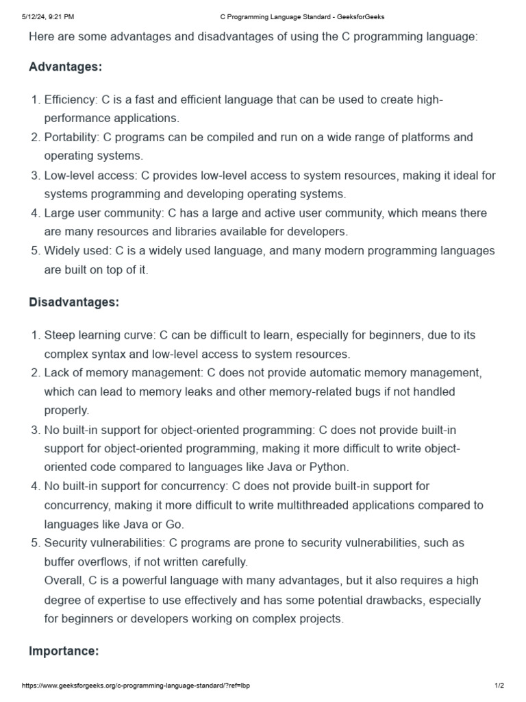 C Programming Language Adv Disadv N Importance Pdf Computer Programming C Programming
