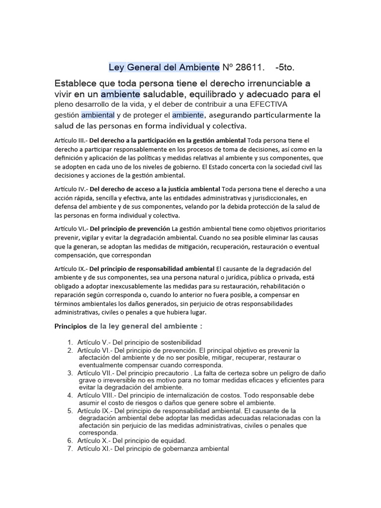 Nº 28611. - 5to. Establece Que Toda Persona Tiene El Derecho ...