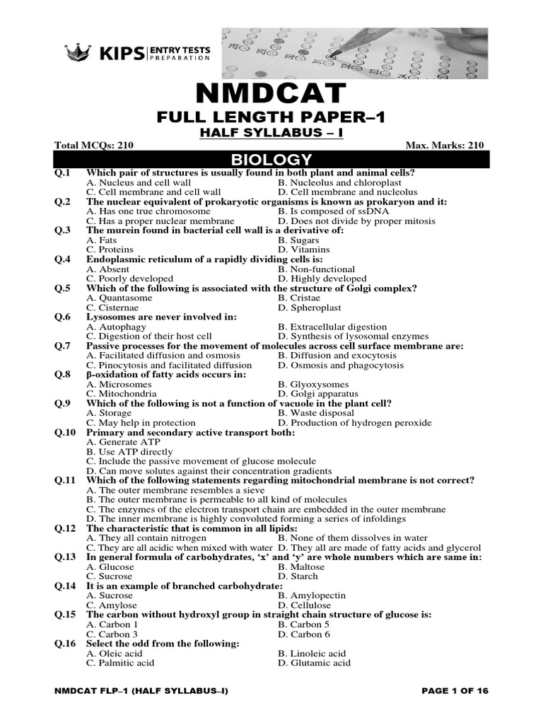 01 FLP-1 (Student Copy) Half Syllabus-1 | PDF | Cell Membrane | Cell (Biology)