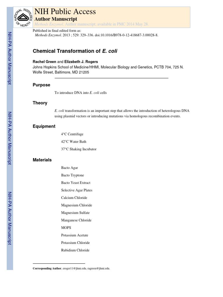 Chemical Transformation of E. Coli | PDF | Transformation (Genetics ...