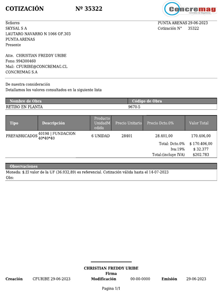 Cotizacion 35322 Concremag | PDF