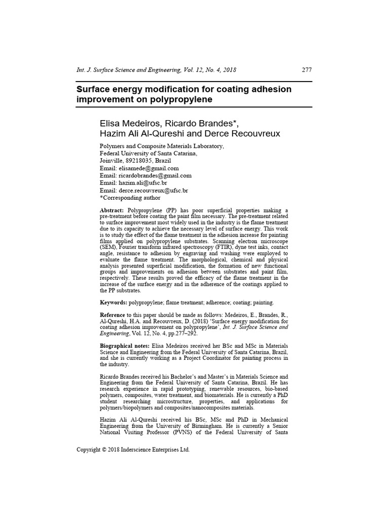 Surface Energy Modification For Coating Adhesion Improvement On ...
