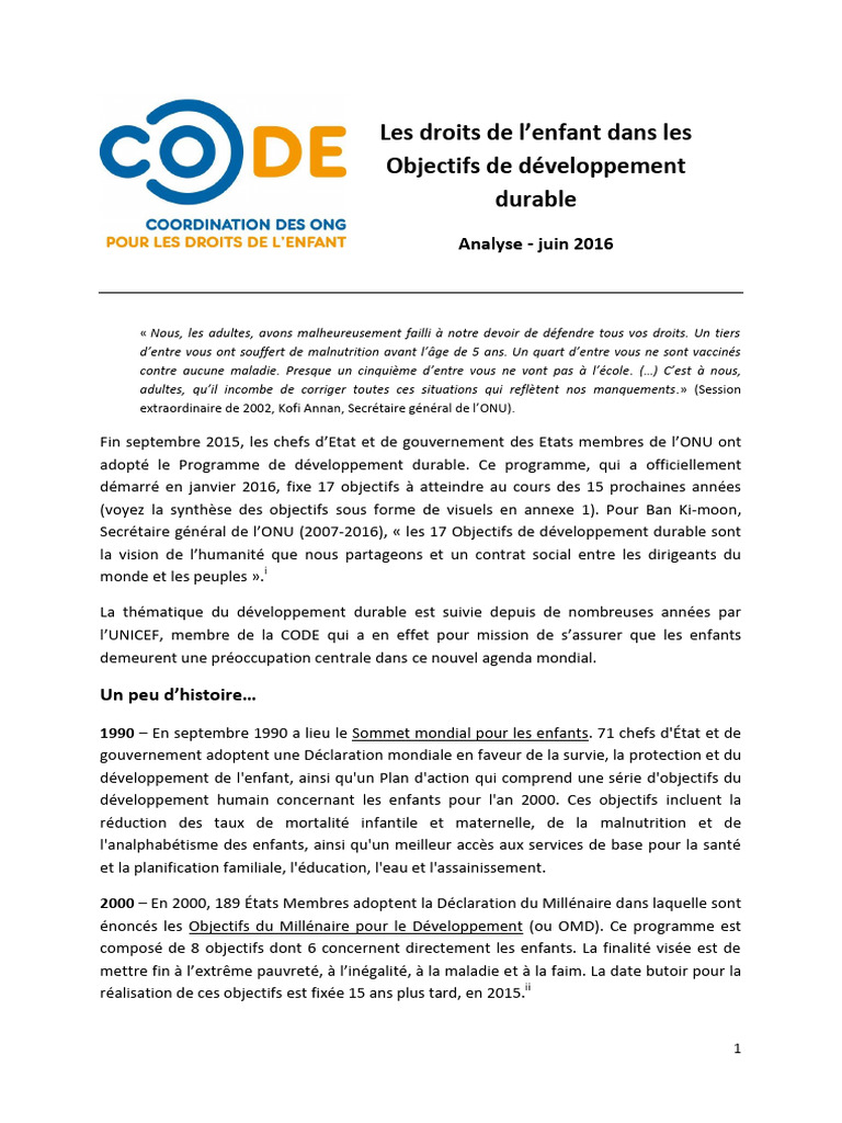 Analyse Les Droits de Lenfant Dans Les Objectifs de Developpement Durable | PDF | Développement ...