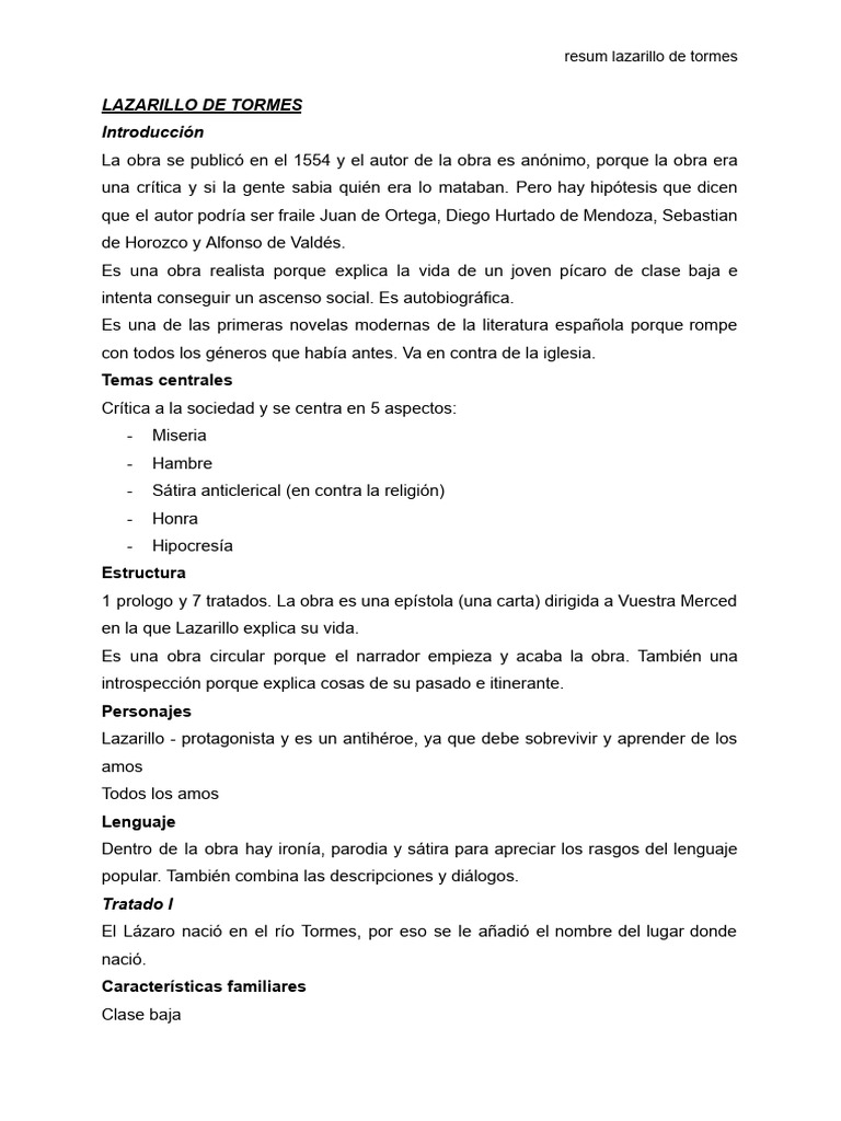 Resum Parcial Lazarillo de Tormes | PDF