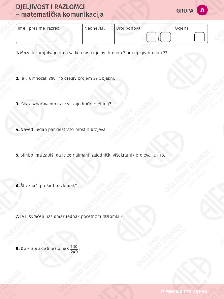 Ispit Znanja 6.r - Djeljivost I Razlomci | PDF