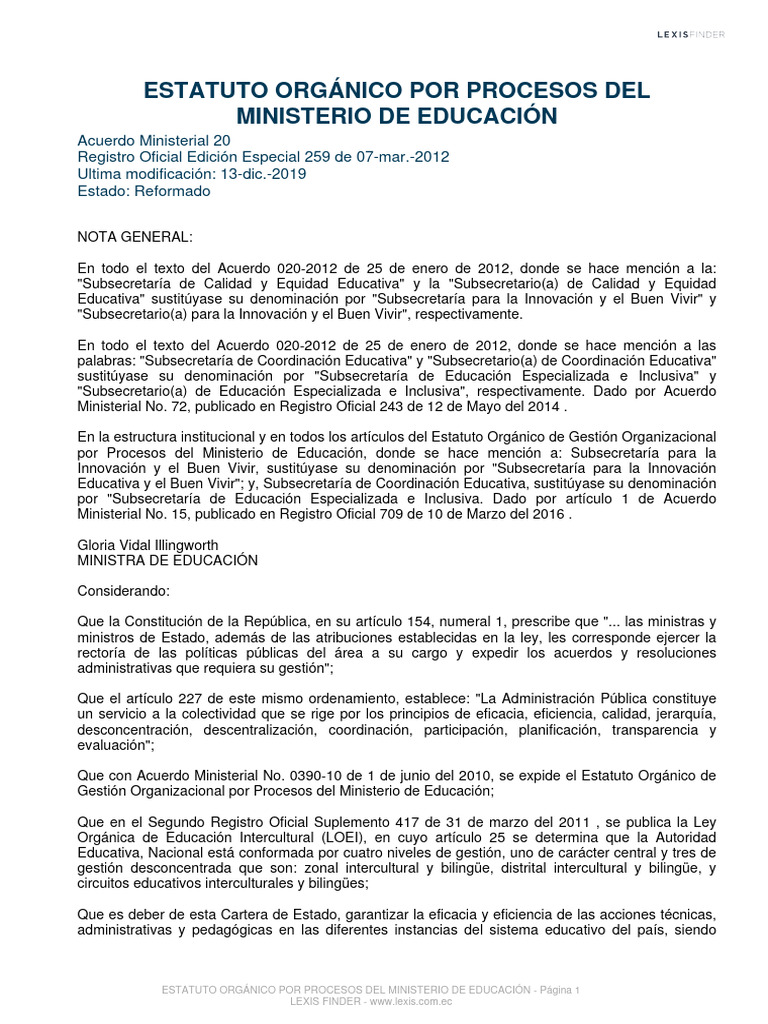 Estatuto Organico Por Procesos | PDF | Plan de estudios | Ministerio (Departamento de Gobierno)
