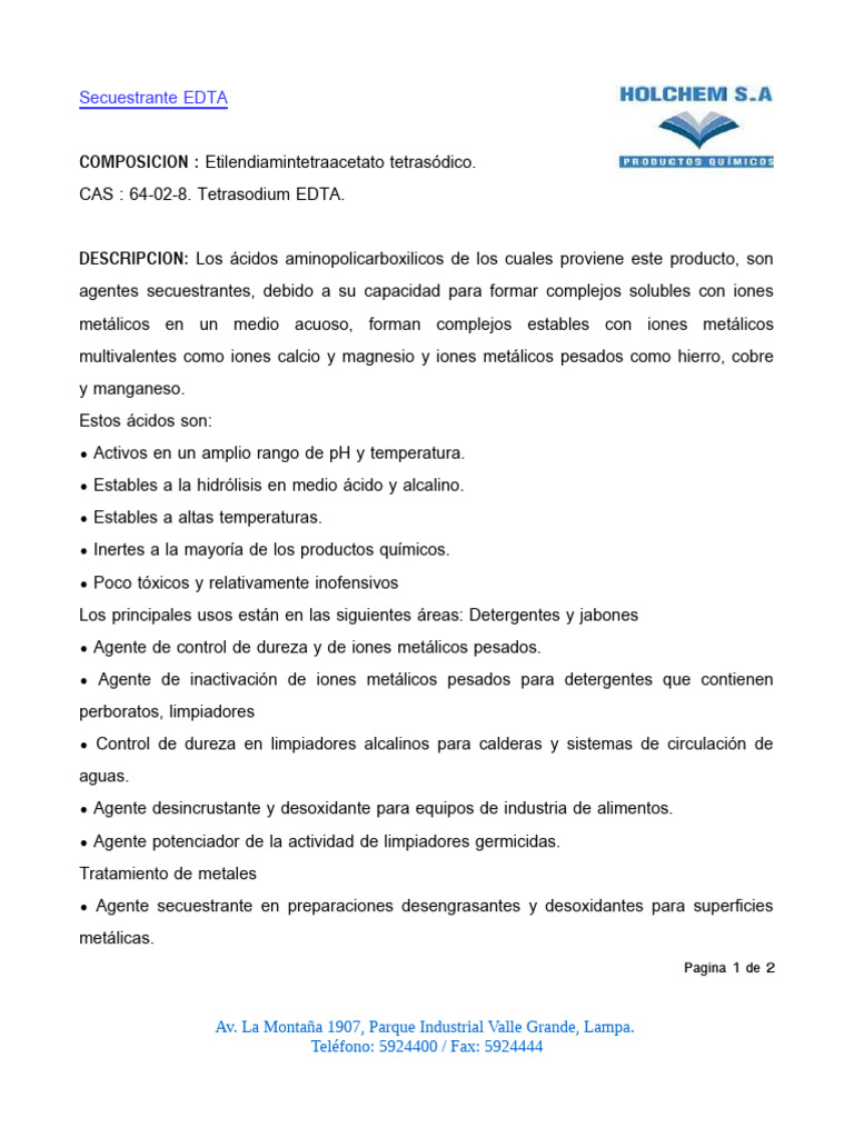 Secuestrante EDTA: Usos y Especificaciones | PDF | Ácido ...