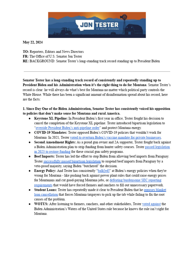 MEMO - Senator Tester’s Long Track Record Standing Up to President ...