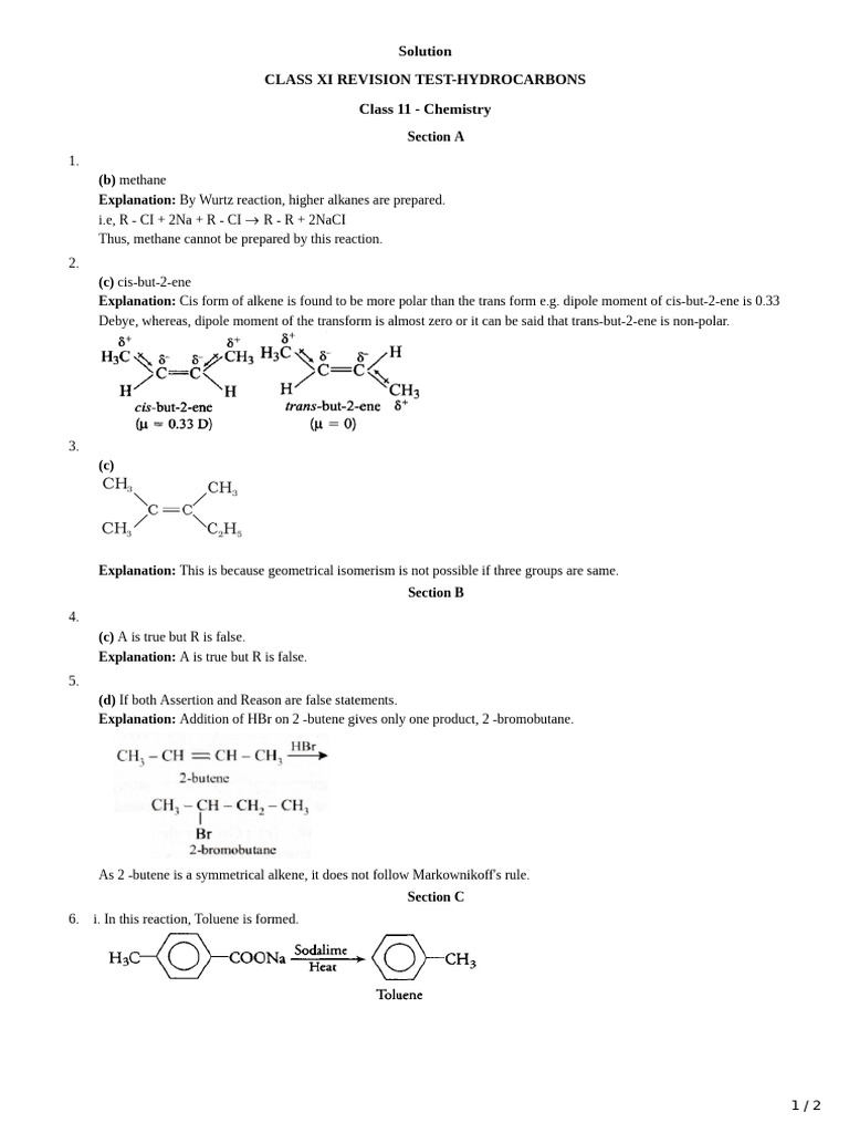 Hydrocarbons Revision Test Solutions | PDF | Alkene | Chemical Polarity