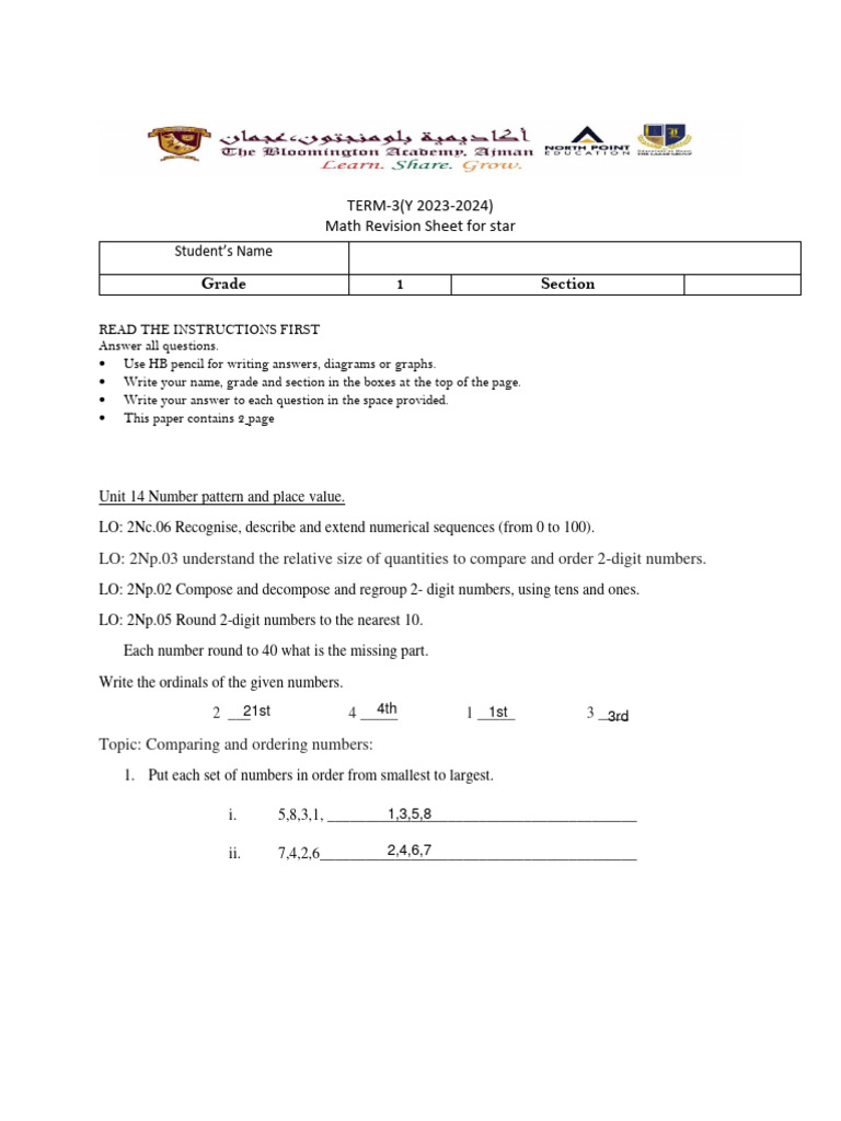 Math Revision Sheet Answers | PDF | Mathematics