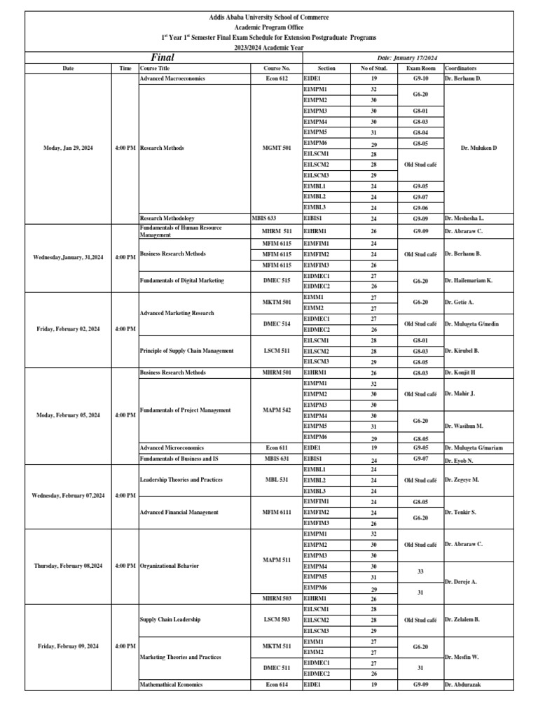 1st Year 1st Semester Final Exam Schedule For PG Extension Program ...