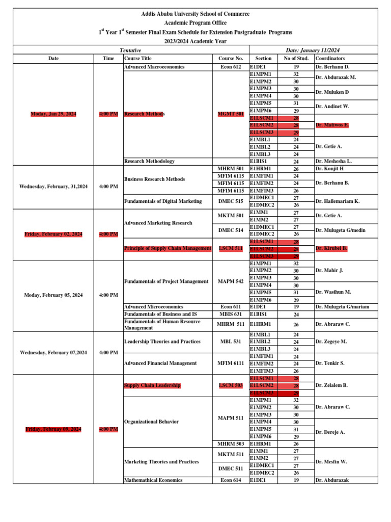 1st Year 1st Semester Final Exam Schedule For PG Extension Program | PDF | Economies | Economics