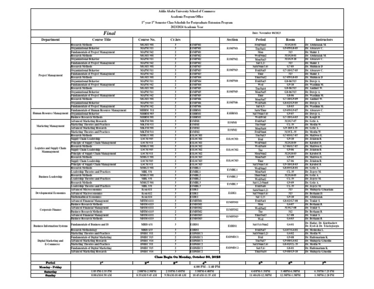 1st Year 1st Semester Class Schedule For PG Extension Program | PDF | Economics | Business Economics