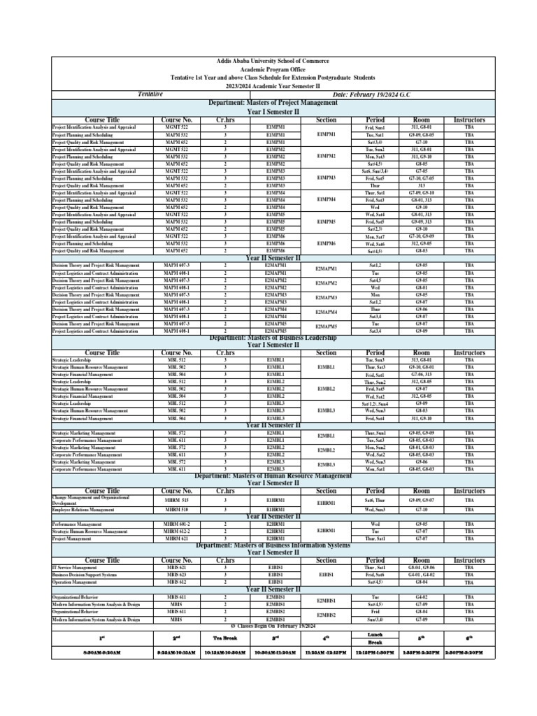 Tentative 1st Year and Above Class Schedule For Extension Postgraduate ...