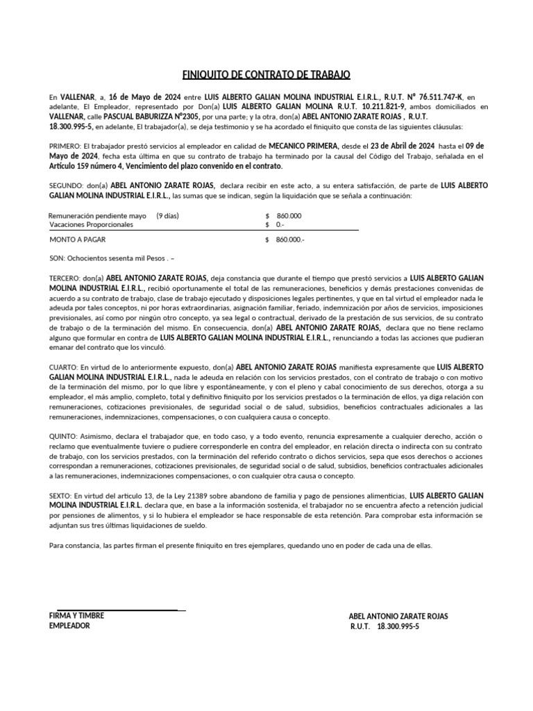 Finiquito ABEL ZARATE | PDF | Finanzas y dinero