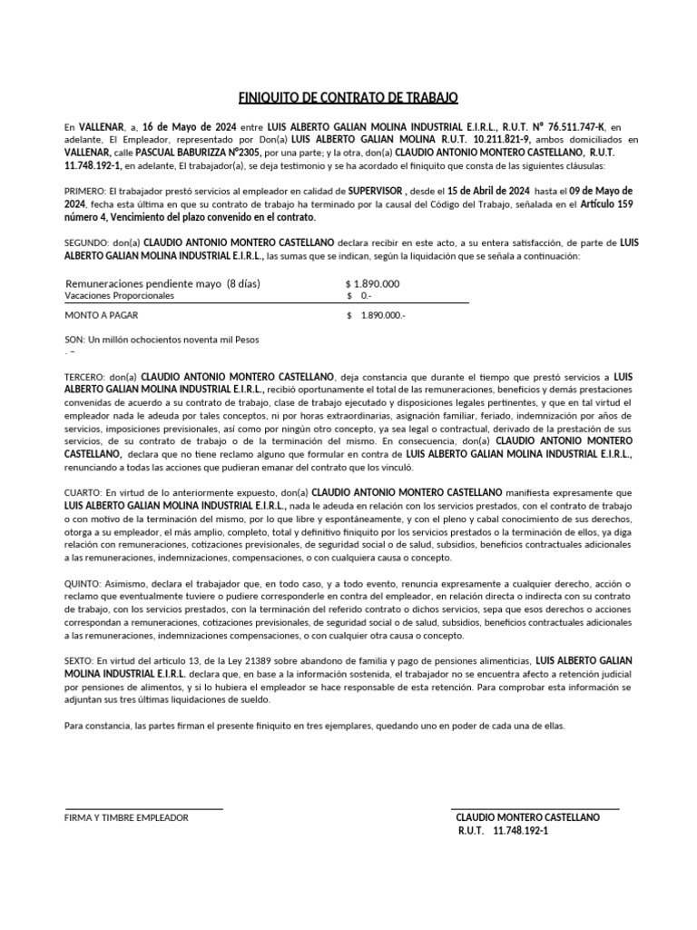Finiquito CLAUDIO MONTERO | PDF