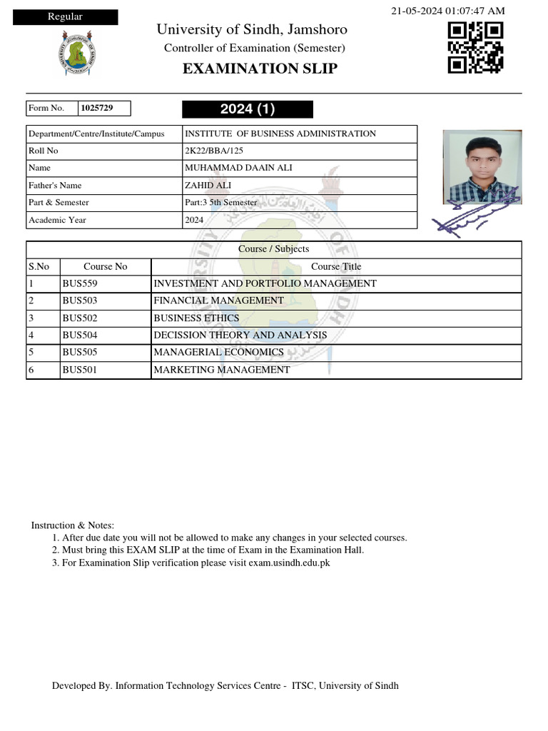Examination Slip: University of Sindh, Jamshoro | PDF | Finance & Money ...