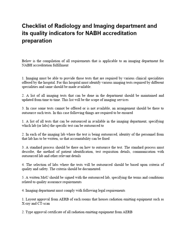 NABH Radiology Checklist and Indicators | PDF | Radiation Protection ...
