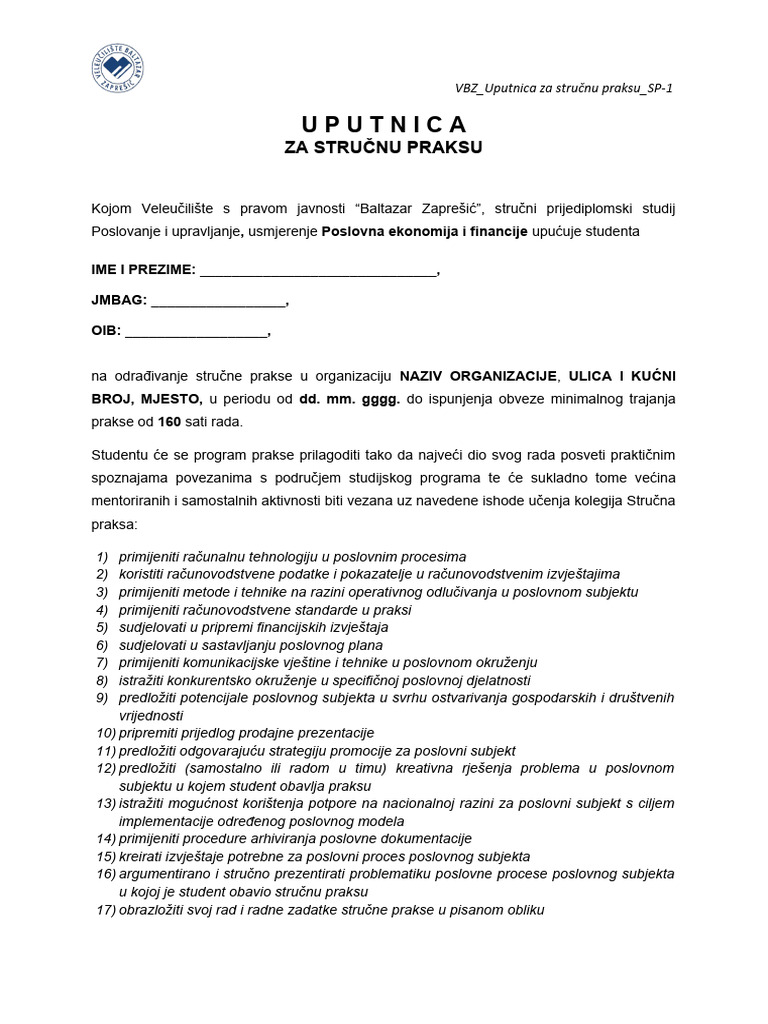 Uputnica Stručne Prakse - SP-1 | PDF