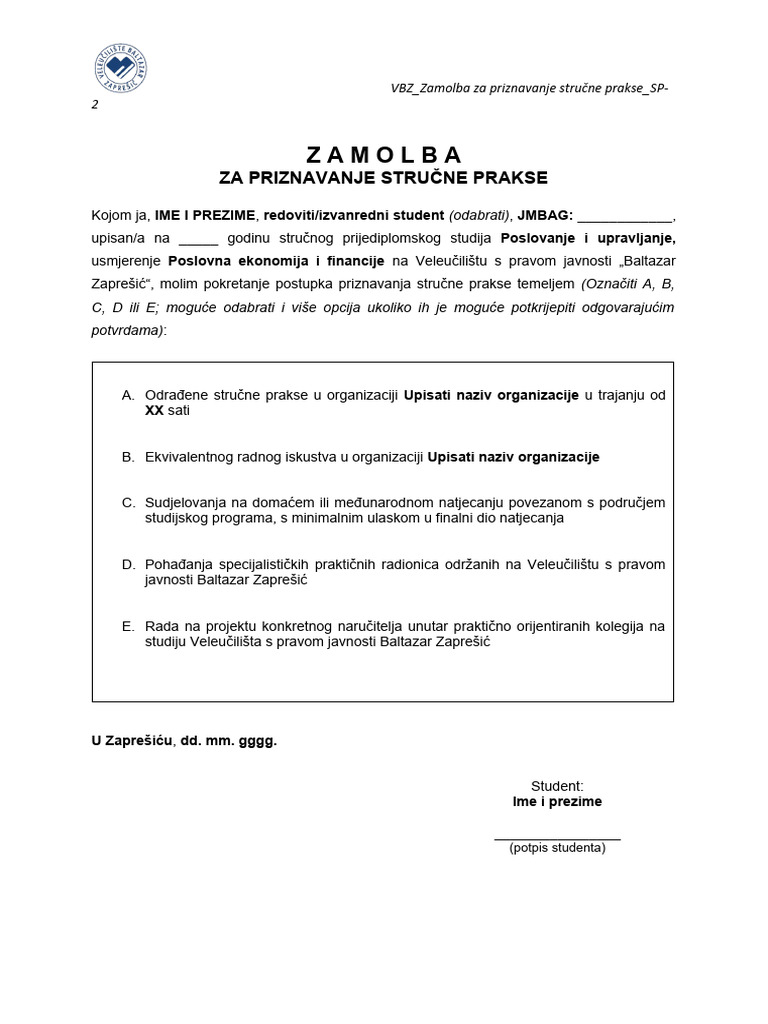 Zamolba Za Priznavanje Stručne Prakse - SP-2 | PDF