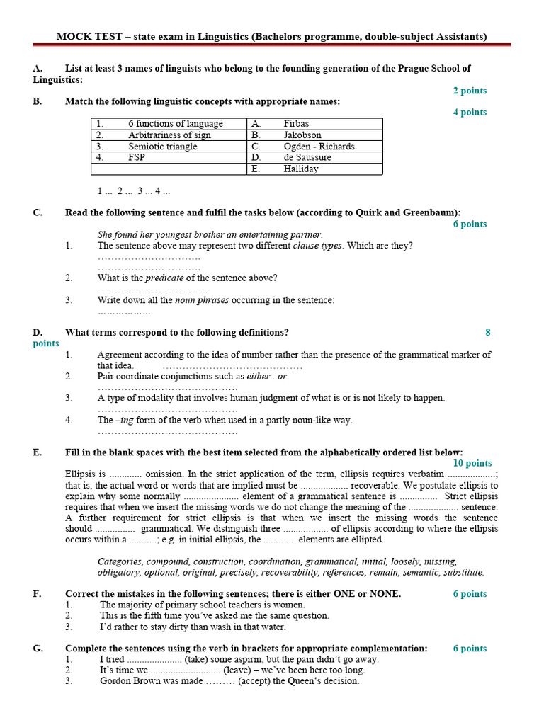 Mock BC Ling Test and Key | PDF | Clause | Sentence (Linguistics)