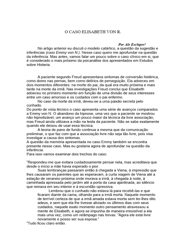 O Caso Elisabeth Von R | PDF | Sigmund Freud | Pensamento