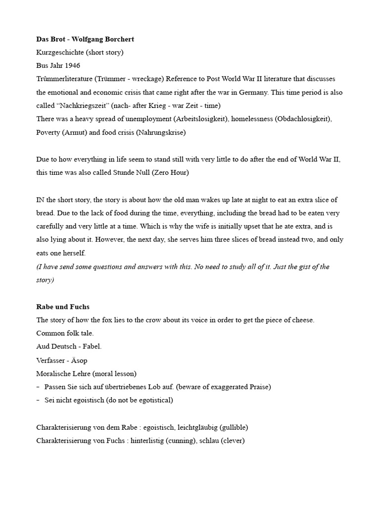 Das Brot - Wolfgang Borchert (German Literature Shirt Notes) | PDF