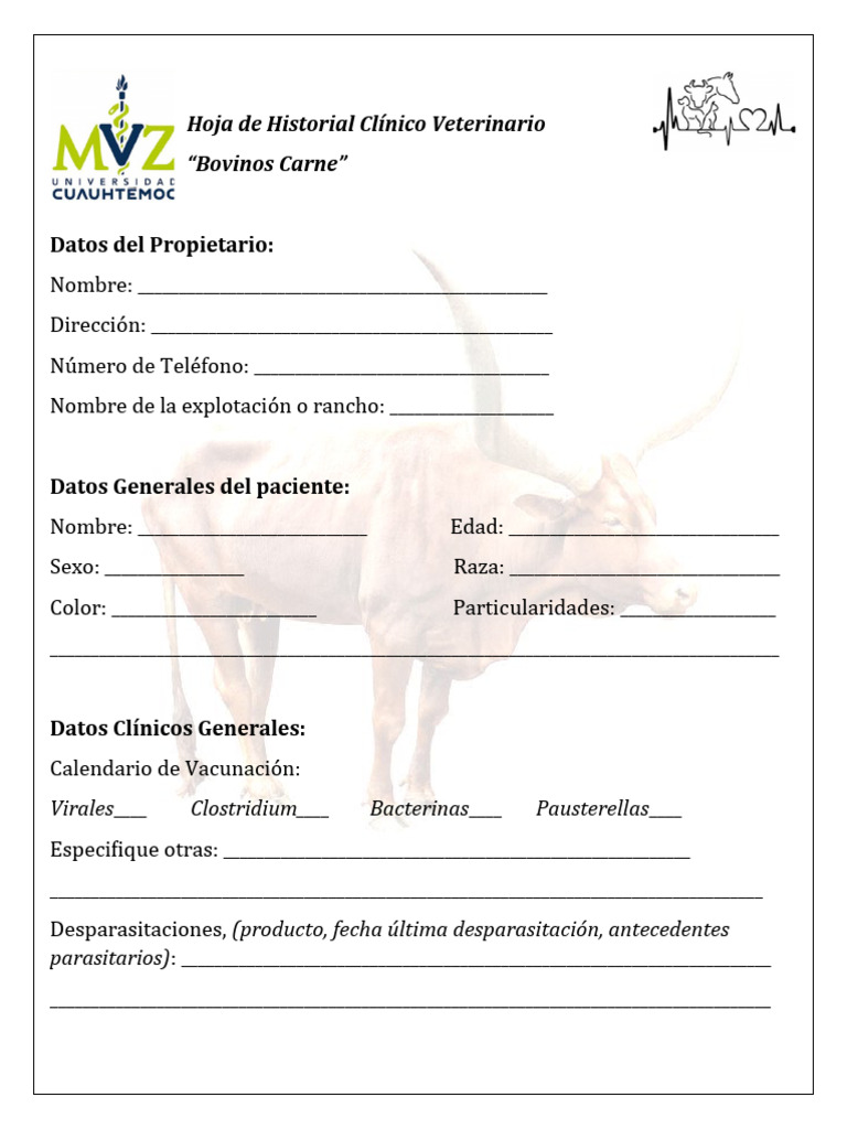Hoja de Historial Clínico Veterinario | PDF | Especialidades Medicas | Medicina CLINICA