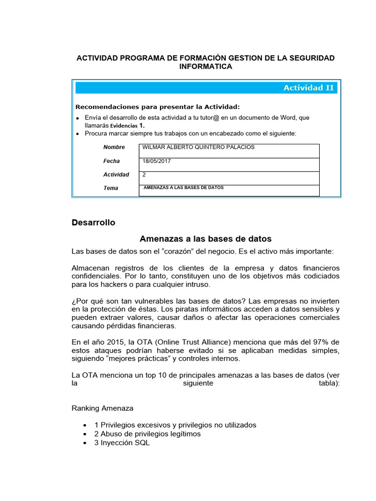 ACTIVIDAD2 Amenazaalasbasesdedatos | PDF | Malware | SQL