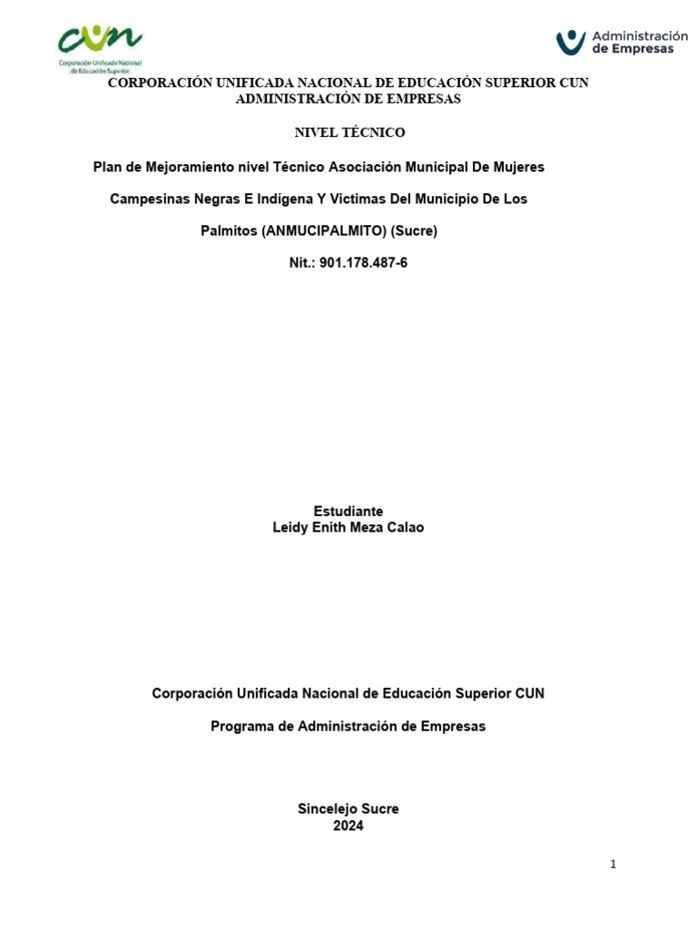 Plan Mejoramiento CUN | PDF | Plan de negocios | Liderazgo