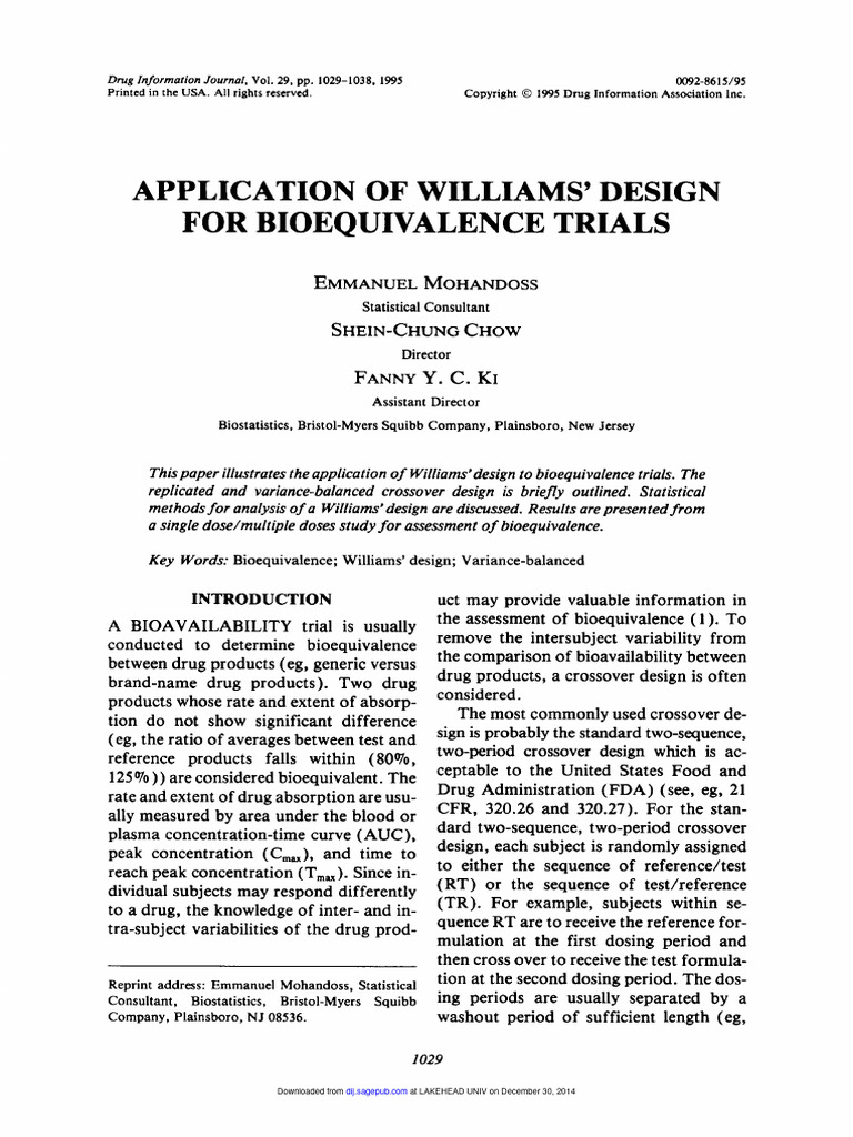 Application of Williams Design For Bioequivalence Trials | PDF ...