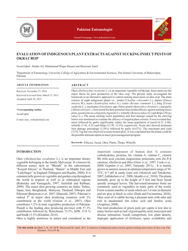 Evaluation of Indigenous Plant Extracts Against Sucking Insect Pests of Okra Crop | PDF | Pest ...