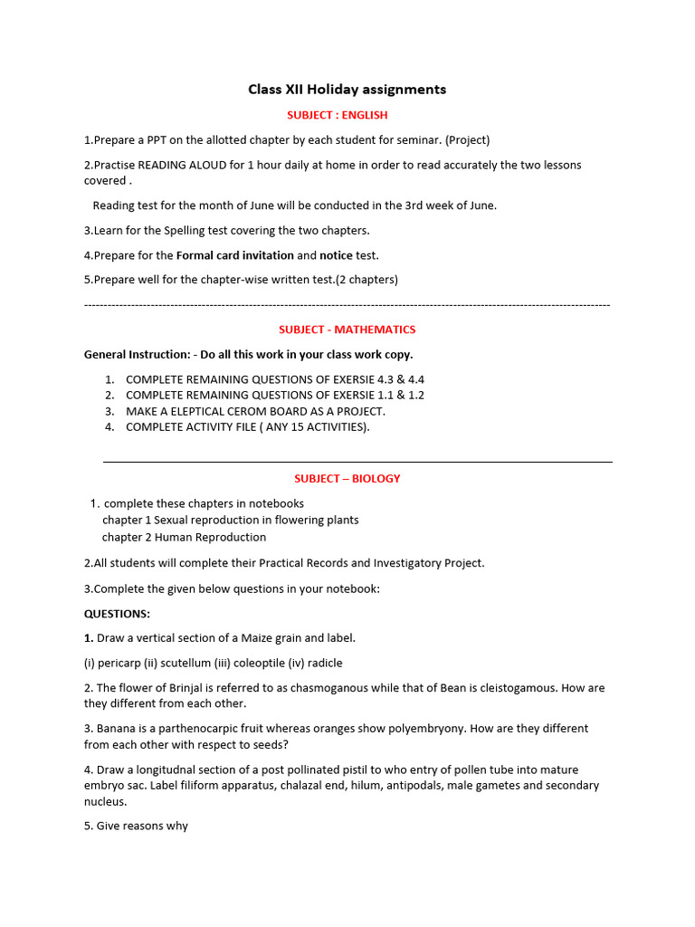 Xii Holiday Assignments 2024-2025 | PDF | Flowers | Seed