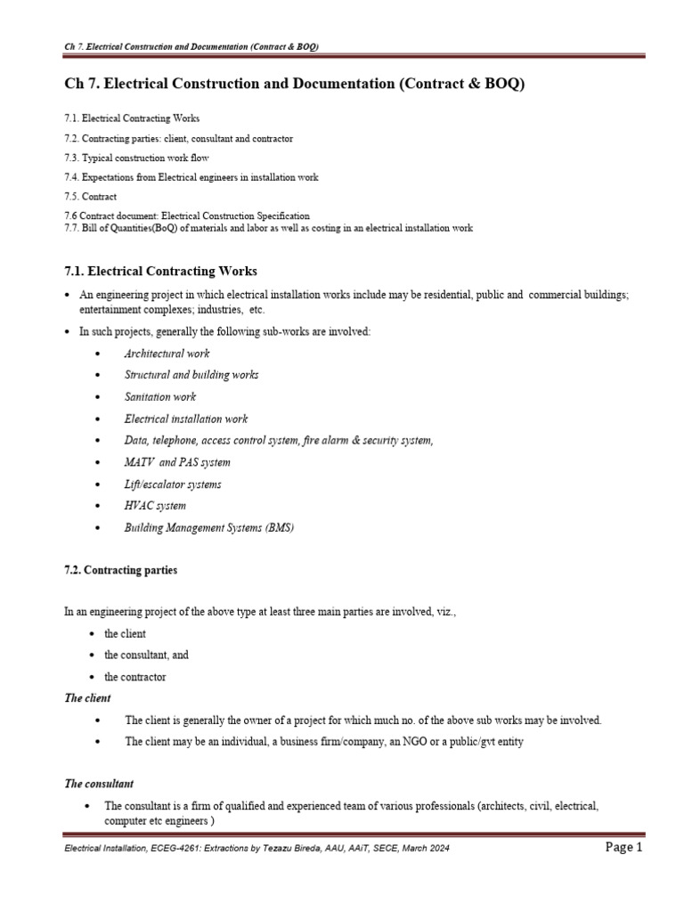 CH 7 Electrical Contracting and BoQ | PDF | Electrical Wiring | General ...