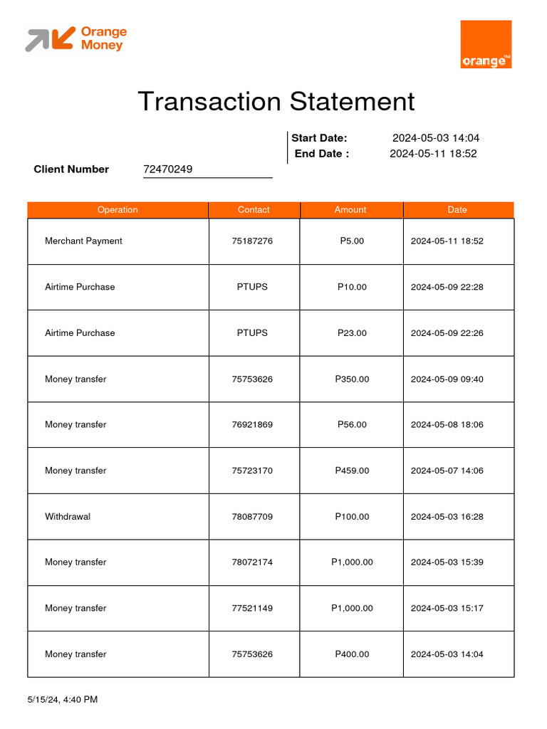 Transaction Statement: Start Date: End Date | PDF
