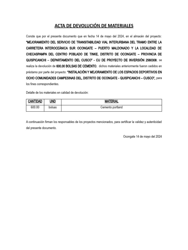Acta de Devolución de Materiales | PDF | Negocios