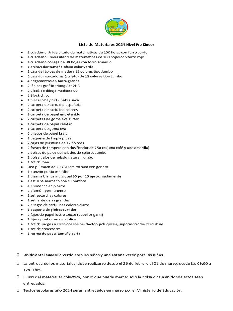 Lista de útiles Pre kínder | PDF