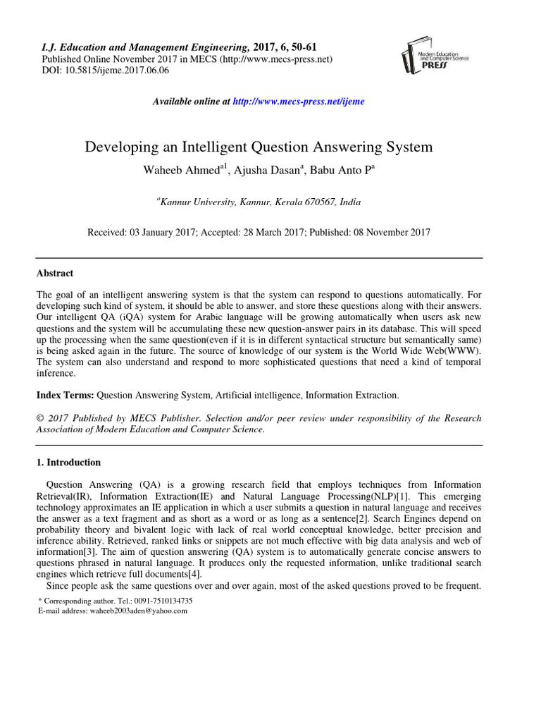 Developing an Intelligent Question Answe | PDF | Cognitive Science ...