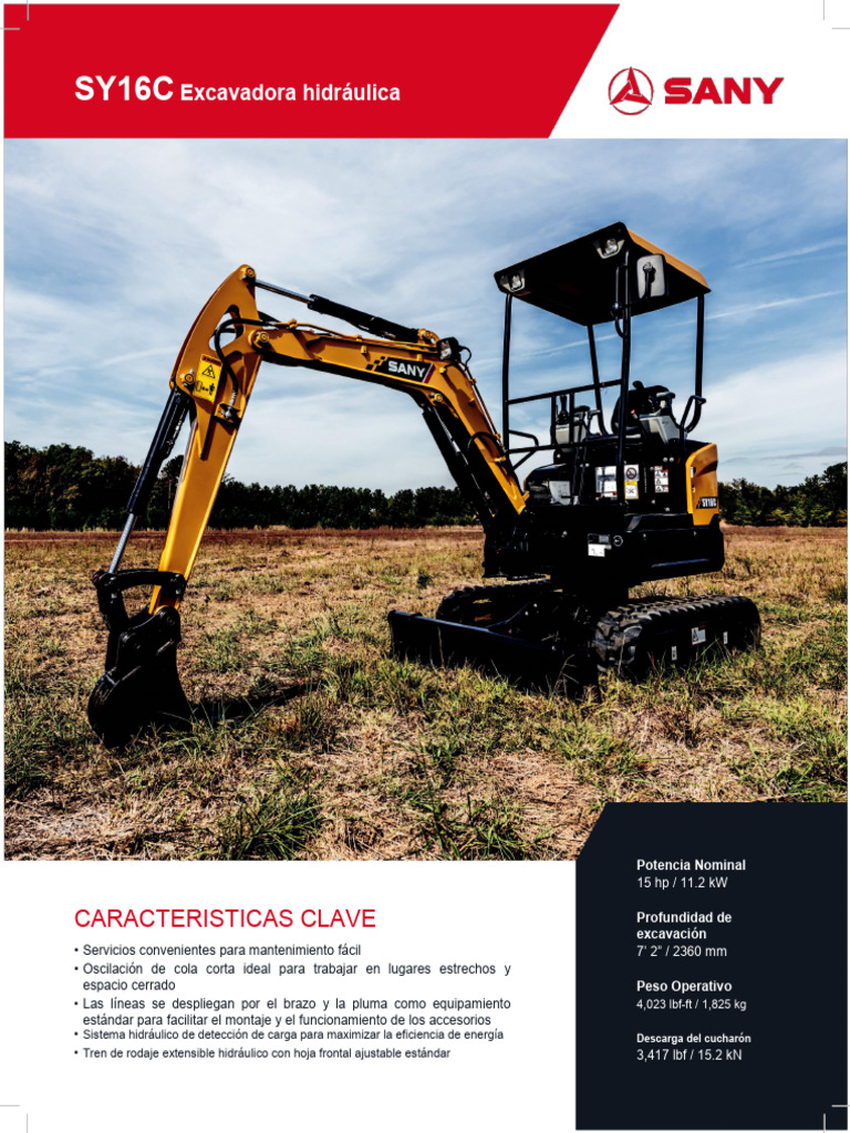 Excavadora SANY SY16C: Especificaciones y Características | PDF