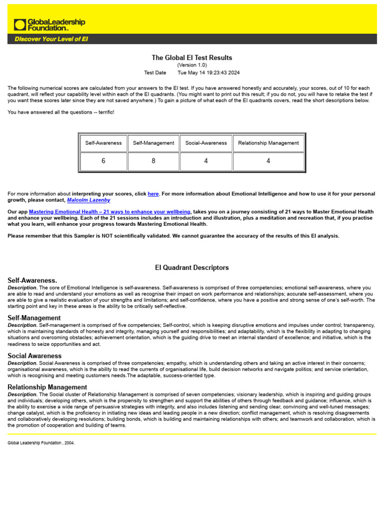 Global EI Test Results Overview | PDF | Emotional Intelligence | Leadership