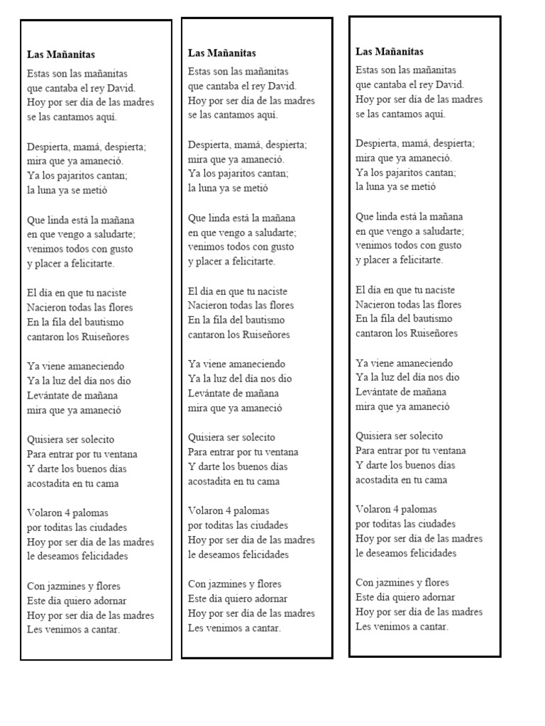 Las Mañanitas Letra Pdf Canciones Infantiles Musica En Español