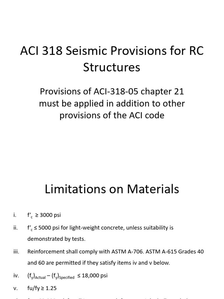Seismic Provisions For RC Structures ACI318-05 | PDF | Bending | Mechanics