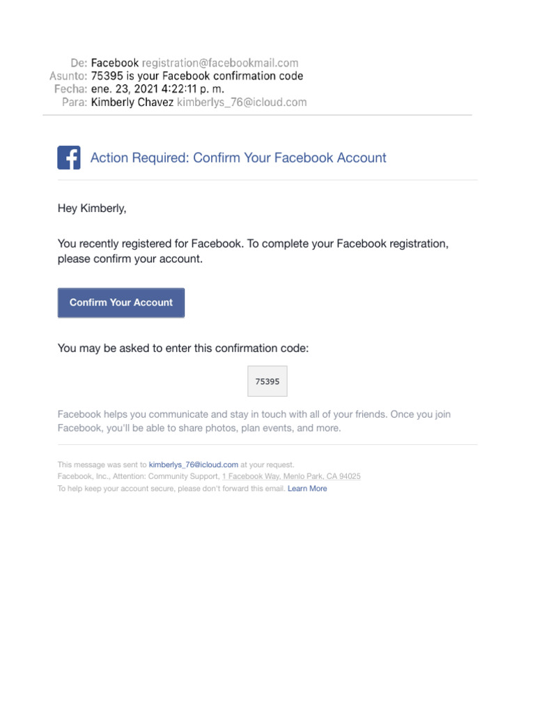 Confirm Your Facebook Account Registration | PDF