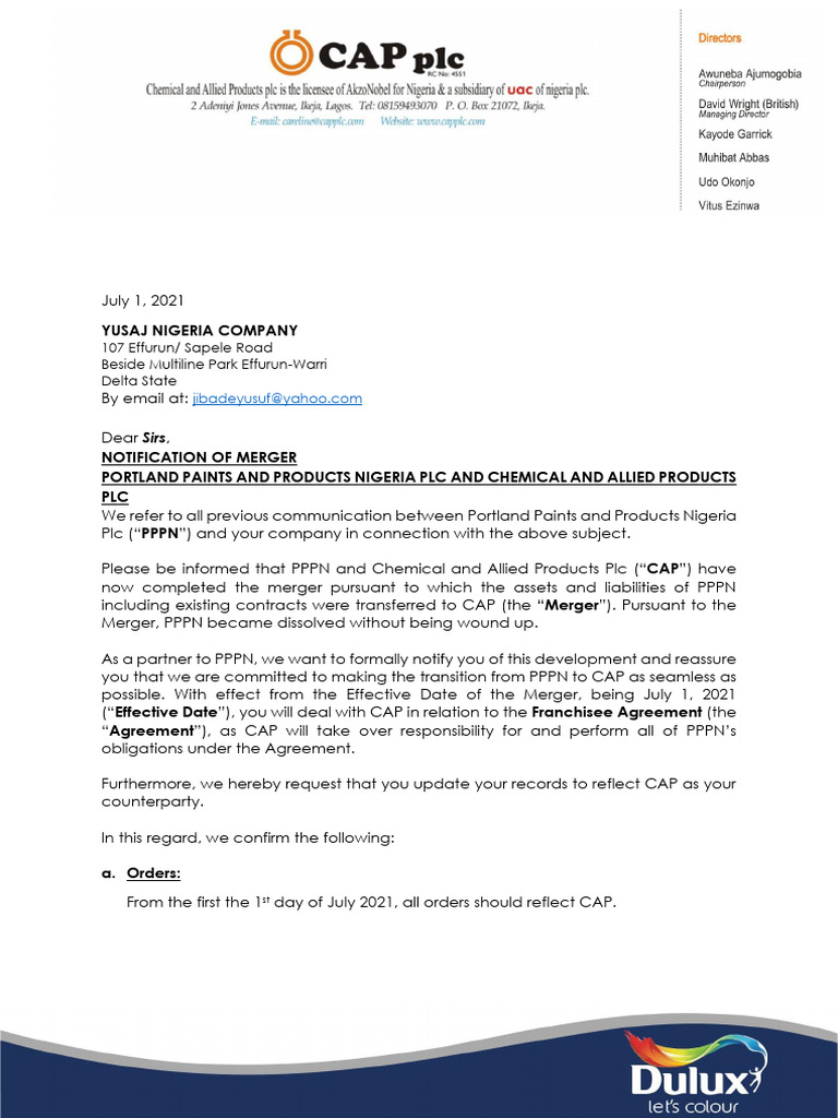 Portland Paints and CAP Merger Notice | PDF | Mergers And Acquisitions ...