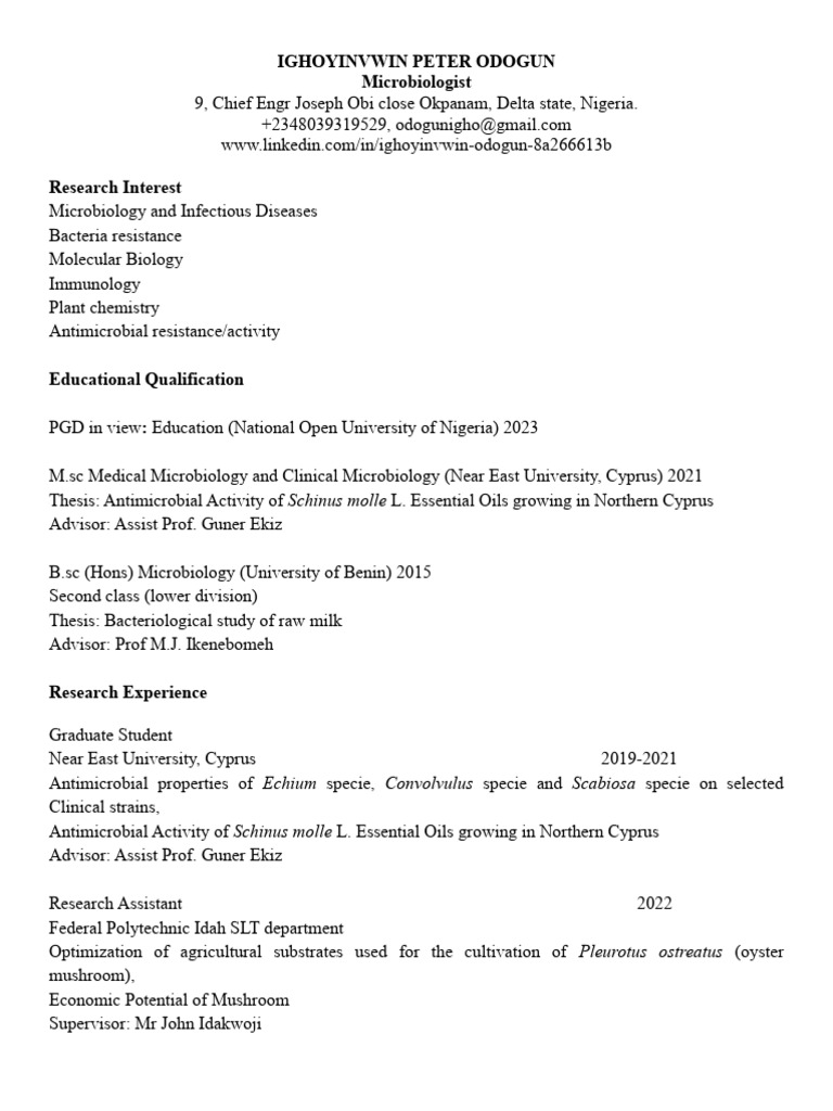 Microbiologist Resume: Ighoyinvwin Odogun | PDF | Microbiology | Medical Microbiology